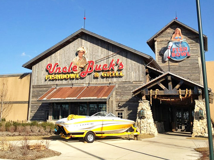 The exterior proudly announces its dual identity &ndash; part fishing lodge, part bowling alley, all fun &ndash; with rustic charm that beckons passersby.