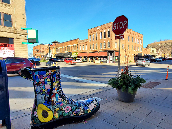 Red Wing's historic downtown, complete with artistic touches like this painted boot, makes the perfect setting for Bev's timeless appeal.