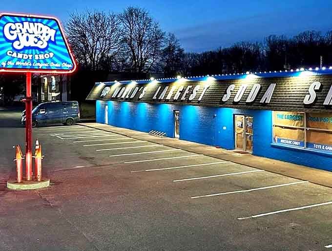 As night falls, Grandpa Joe's glows like a blue sugar-filled spaceship that's landed in suburban Minnesota.