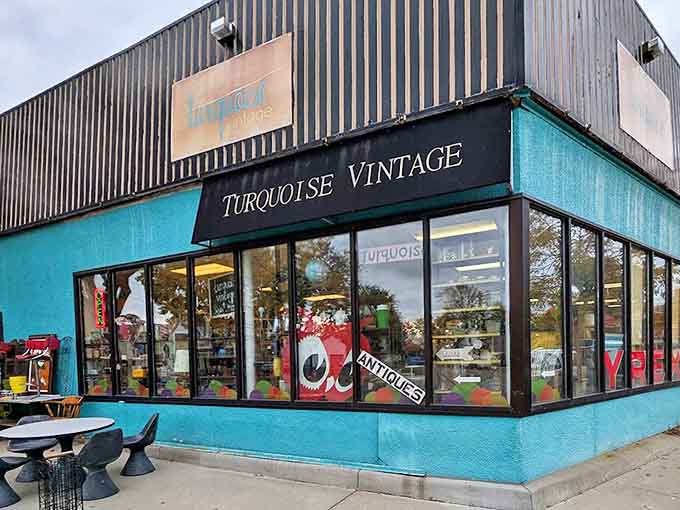The exterior display – where vintage furniture gets a breath of fresh air while tempting passersby with retro charm.
