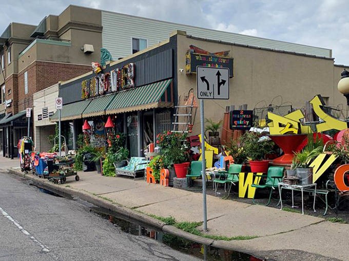 The exterior view reveals how Hunt & Gather spills joyfully onto the sidewalk &ndash; a colorful oasis of curiosity in the urban landscape.