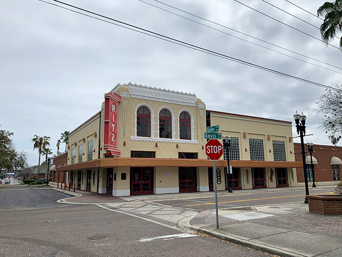 Even on cloudy days, the Ritz's architectural presence commands attention at the corner of Davis and State Streets.