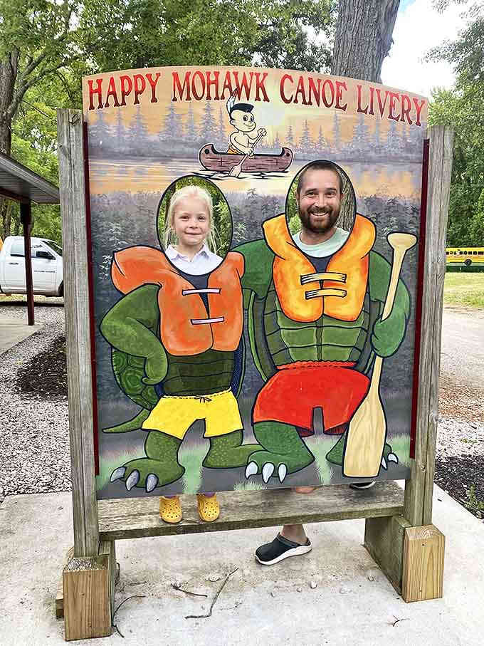 The iconic Happy Mohawk sign welcomes adventurers of all ages with whimsical charm and the promise of river-born memories.