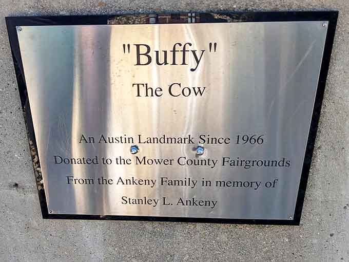 The plaque reveals Buffy's history as an Austin landmark since 1966, donated by the Ankeny family in memory of Stanley L. Ankeny.