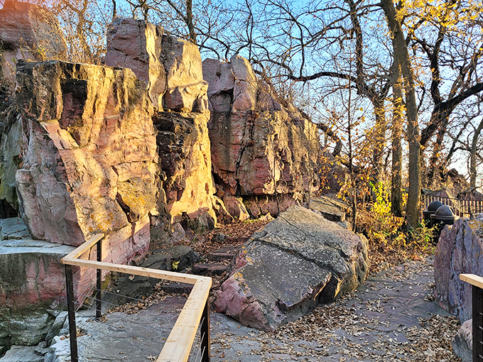 Marvel at the glowing pink quartzite cliffs, where golden hour light brings these ancient rock formations life.