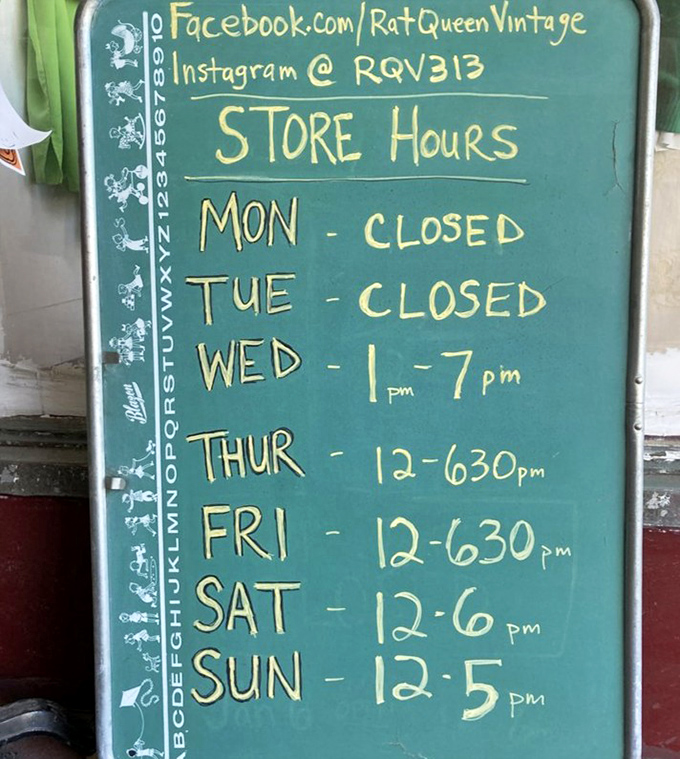The shop's chalkboard announces operating hours with the same vintage charm as everything inside &ndash; a handwritten invitation to step back in time.