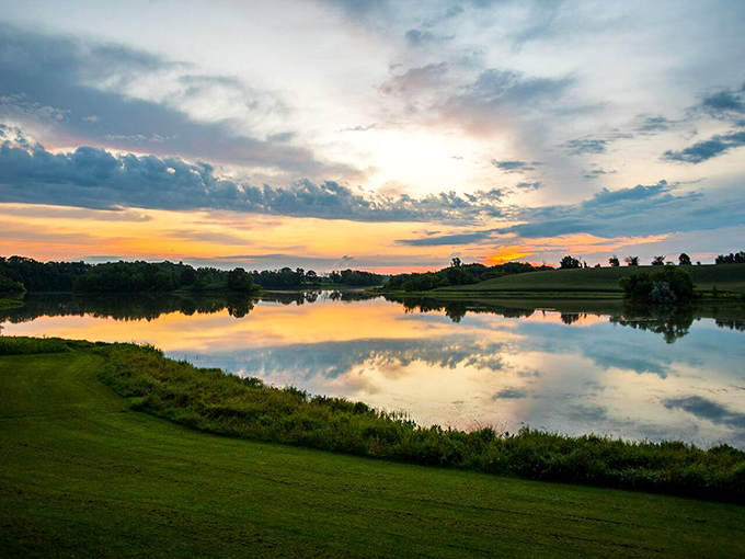 Nature's own light show as sunrise paints the pond in golden hues, worth setting an alarm for even on vacation.