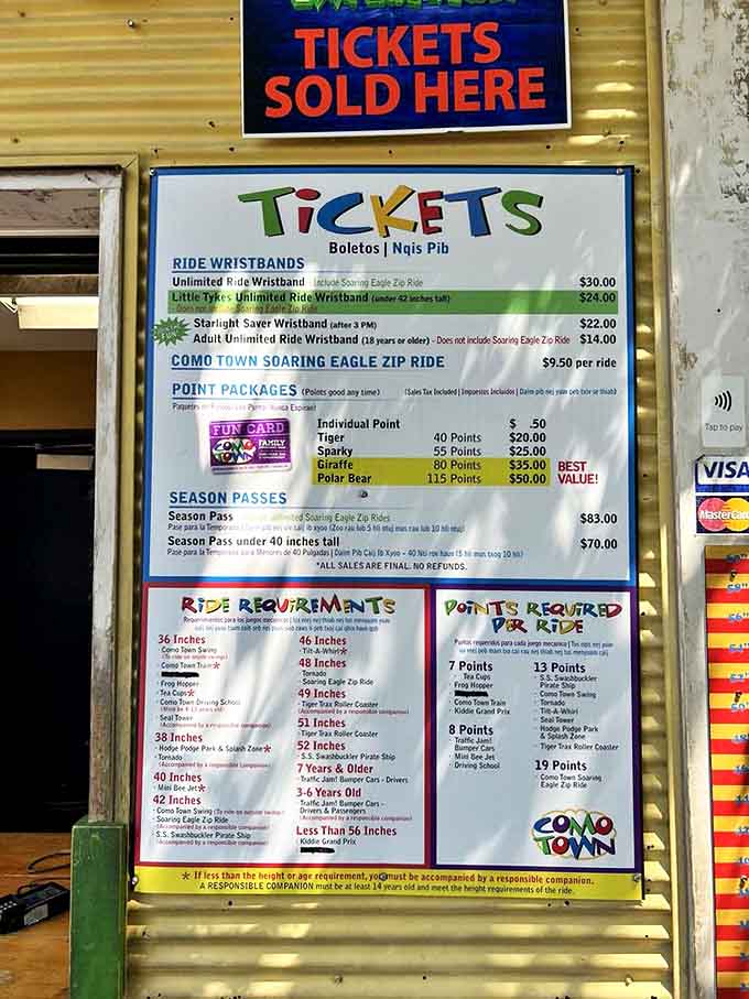 The ticket price board outlines your options for fun, where the best value isn't measured in dollars but in the memories you'll take home.