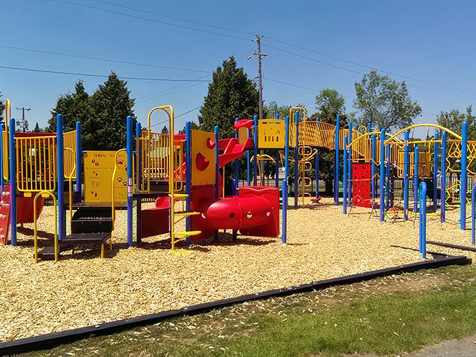Childhood joy engineered into slides and swings, surrounded by the kind of fresh air city kids dream about.