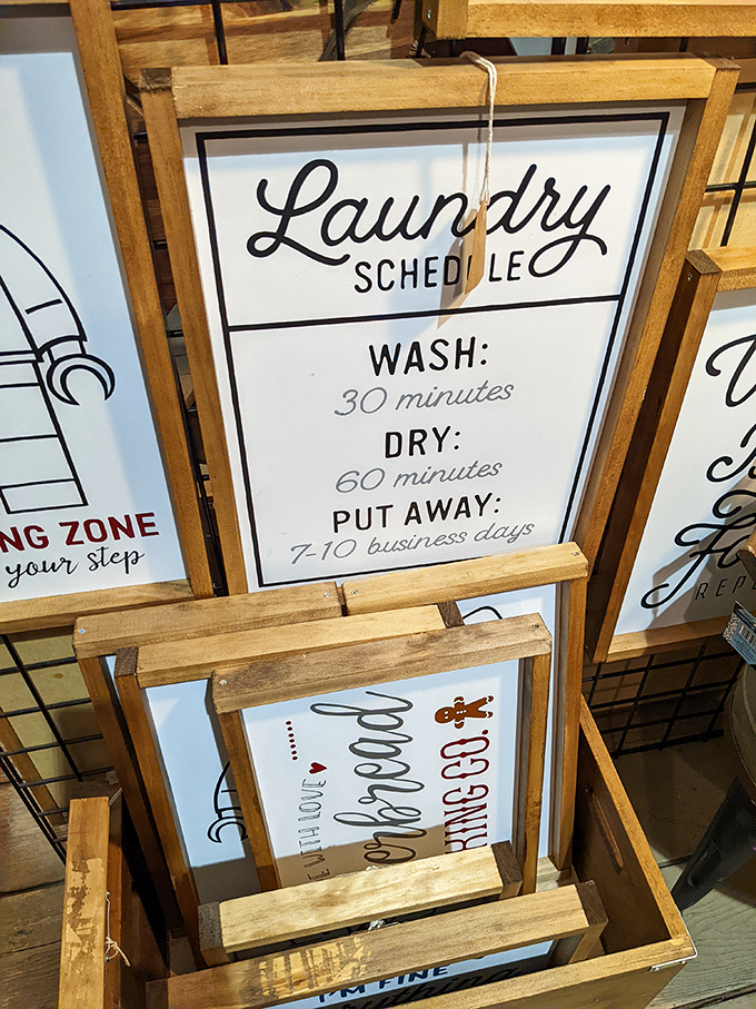 That laundry schedule sign speaks universal truth &ndash; putting away clean clothes has apparently been humanity's greatest challenge since the invention of washing machines.