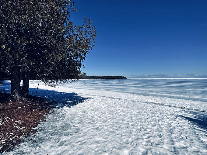 Winter's magic: The frozen lake creates an otherworldly landscape, with ice formations worthy of a fantasy film.
