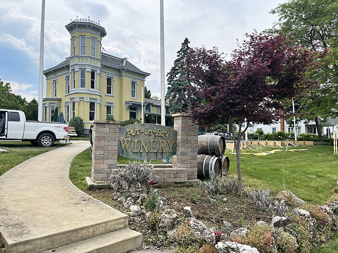 Put-in-Bay Winery's elegant yellow mansion and manicured grounds invite visitors to sample Lake Erie vintages in historic surroundings.