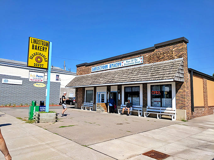 Lindstr&ouml;m Bakery's brick storefront welcomes visitors with its bright yellow sign promising Scandinavian donuts that are worth every mile of the drive.