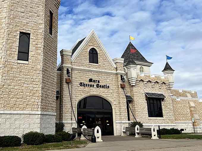 Mars Cheese Castle stands like a medieval fantasy come to life along the highway, complete with stone towers and battlements.