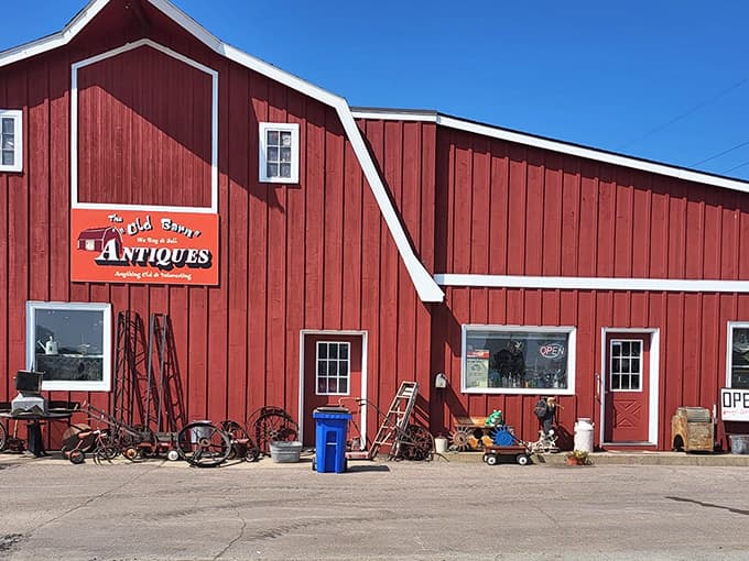 The classic red barn exterior of Staples Mill Antiques stands proudly against the Minnesota sky, promising treasures within its weathered walls.