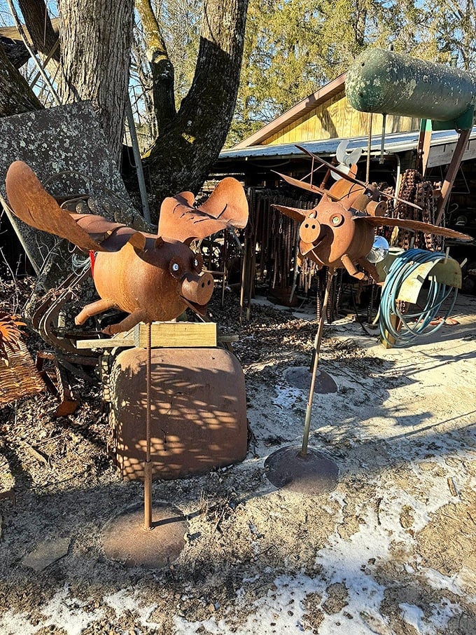 Whimsical metal creatures guard the entrance to Jurustic Park. These rusty critters seem ready to take flight or perhaps share stories of their metallic adventures.