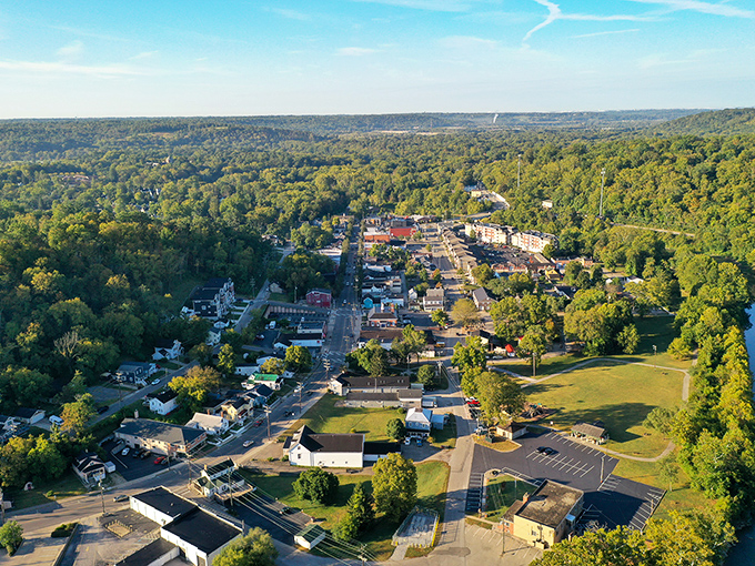From above, Milford reveals its perfect nestling between lush rolling hills and the winding Little Miami River &ndash; nature's embrace of civilization.