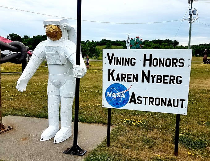Vining honors hometown hero Karen Nyberg with this astronaut sculpture. From small-town Minnesota to outer space &ndash; talk about a commute!