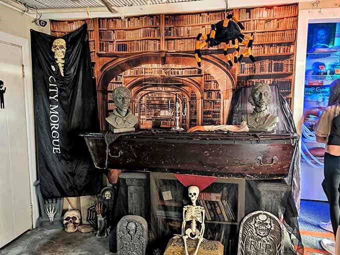 Step into the "City Morgue" section where vintage busts peer from behind black veils, creating an atmosphere where history and the supernatural collide.
