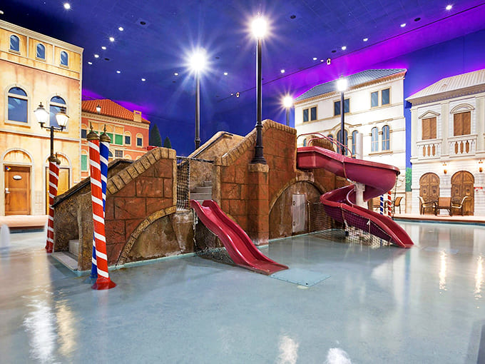 Mini thrill-seekers navigate this pint-sized Rialto Bridge of aquatic adventure, complete with slides that guarantee squeals of delight.