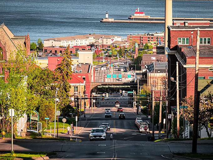 Downtown streets cascade toward the harbor like water seeking its level, creating a cityscape that's both industrial and charming.