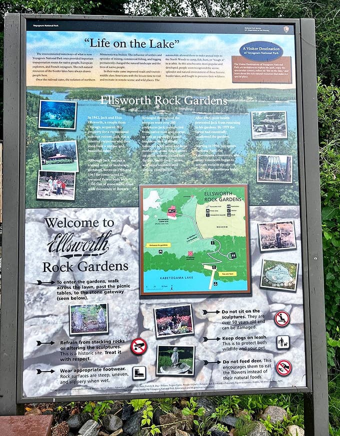 The interpretive sign reveals the fascinating history of Ellsworth Rock Gardens, where one man's summer hobby blossomed into an enduring artistic legacy within Voyageurs National Park.