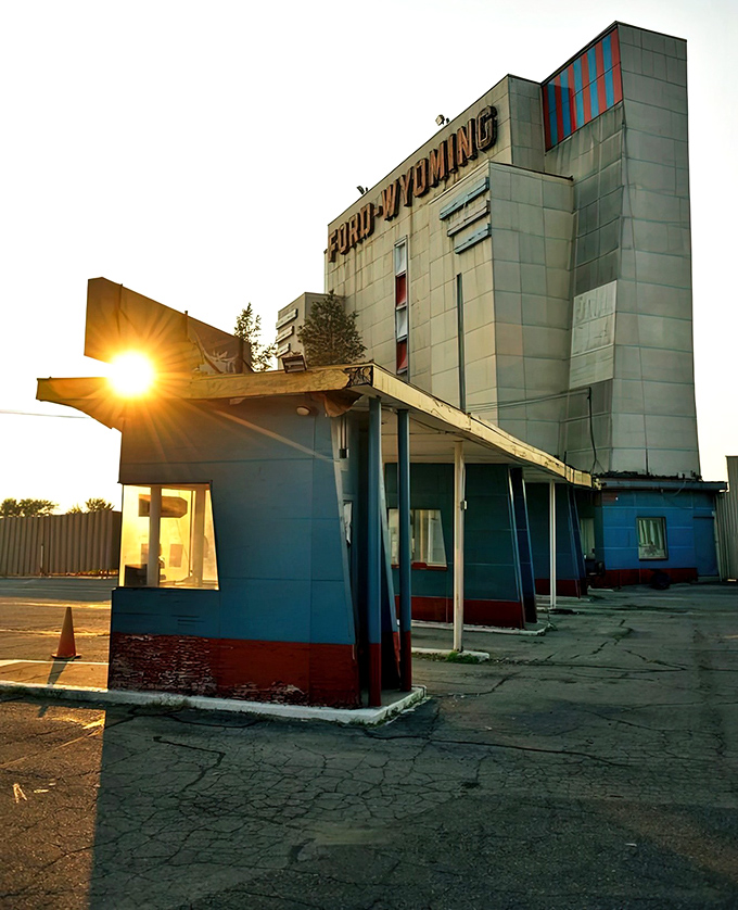 Sunset at the drive-in transforms the ordinary into magical as the day's final light catches the vintage architecture.