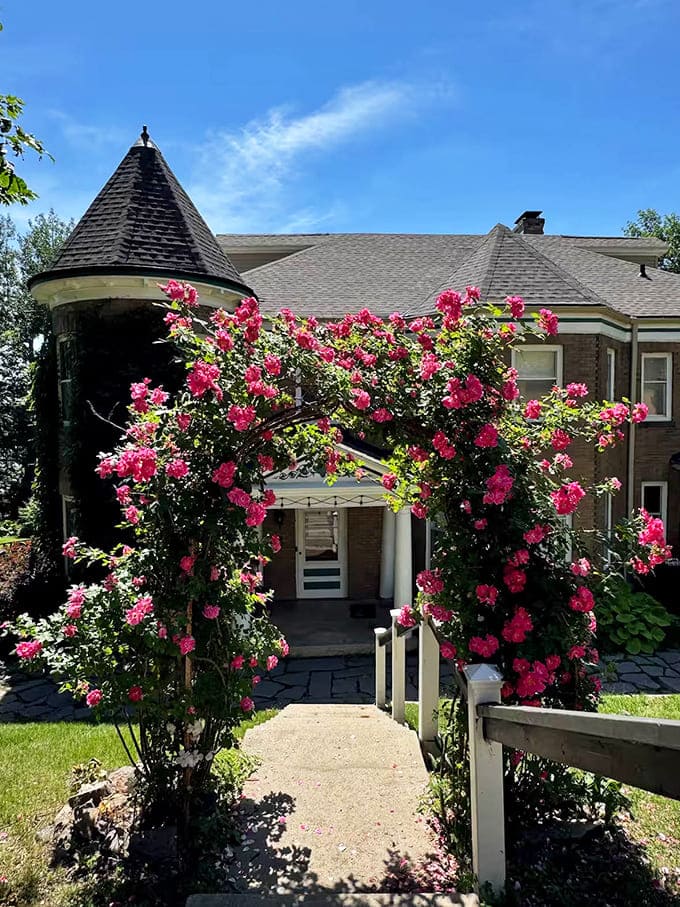 Approaching this Minnesota castle feels like stumbling into a storybook – those climbing roses aren't just showing off, they're setting the stage.