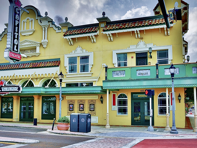 Sunshine bathes the Capitol's distinctive yellow Mediterranean-revival fa&ccedil;ade, showcasing the architectural details that have charmed visitors for generations.