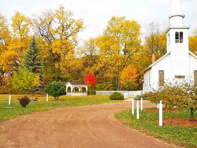 Golden trees frame the white church steeple, standing sentinel over the village like a timekeeper of Michigan's rural past.