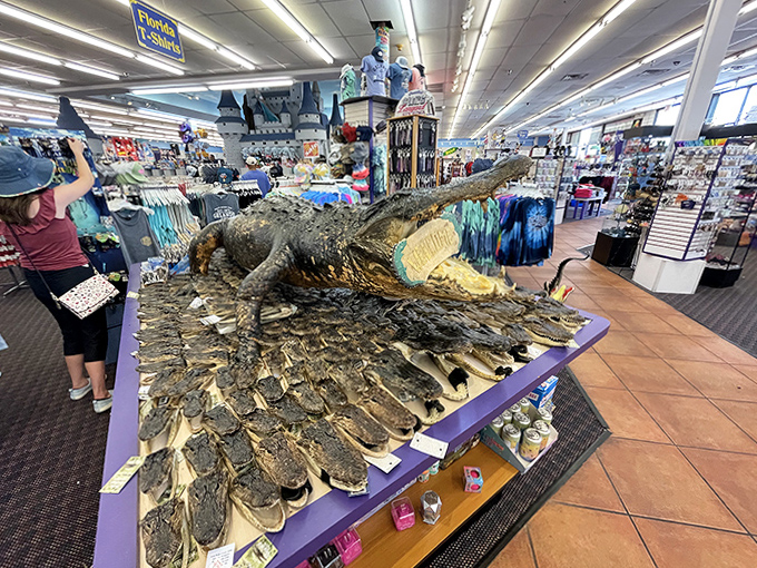 Florida's unofficial mascot greets shoppers with a toothy grin. This gator display proves that even reptiles can become retail opportunities in the Sunshine State.