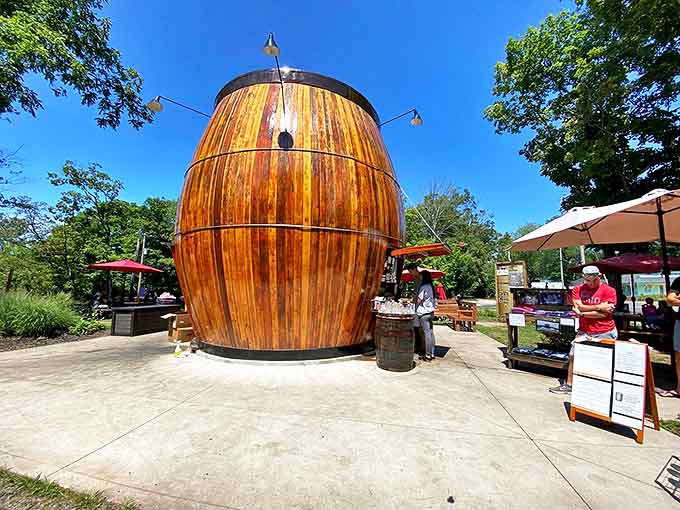 From this angle, you can truly appreciate the barrel's impressive stature &ndash; a testament to whimsy and the American tradition of roadside attractions.