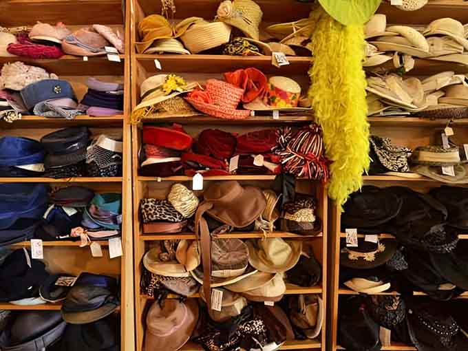 Hat heaven awaits the discerning vintage shopper &ndash; from jaunty fedoras to pillbox perfection, each shelf tells stories of bygone elegance.