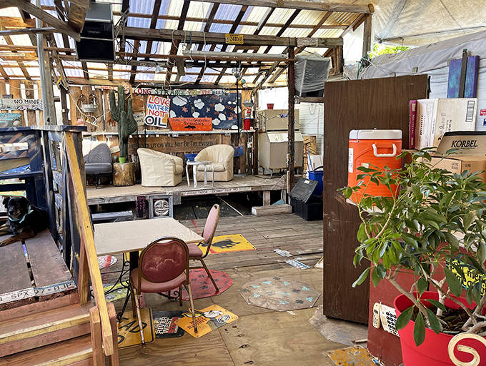 Inside Tom's, mismatched furniture creates cozy conversation nooks where strangers become friends over cocktails and shared laughter.