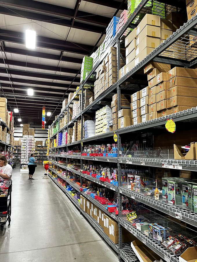 Industrial shelving meets candy paradise in this warehouse where organization meets pure, delicious chaos in the best possible way.