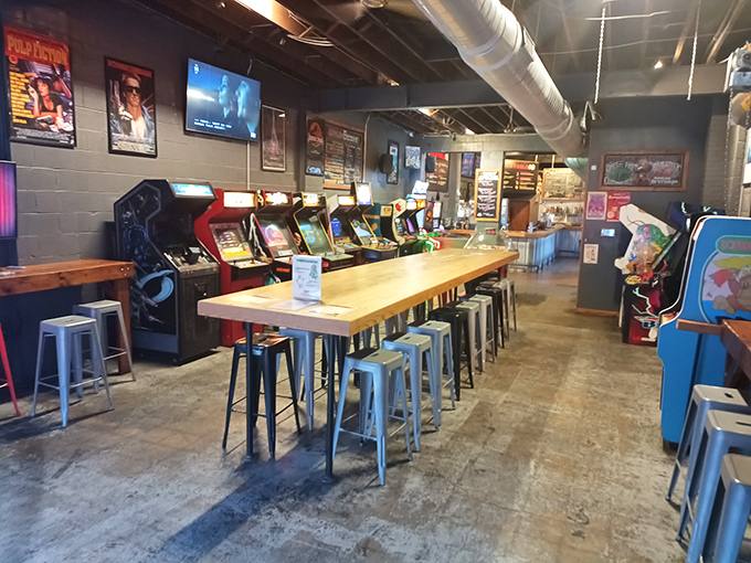 A gamer's paradise awaits inside, where the long communal table invites friendly competition and between-game strategizing.