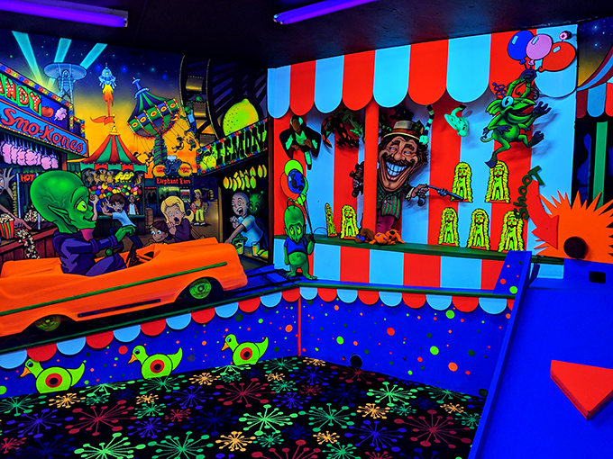 Step inside and your senses explode with neon colors and blacklight magic &ndash; this carnival midway for extraterrestrials makes regular mini-golf seem downright boring.
