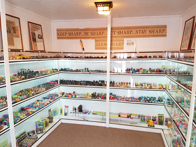 "Keep Sharp...Be Sharp...Get Sharp...Stay Sharp" – the museum's motto watches over thousands of colorful sharpeners arranged with loving precision.