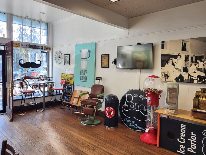 Retro meets comfort in this nostalgic interior where every vintage detail&mdash;from the barber chair to the coffee art&mdash;tells you dessert is serious business here.