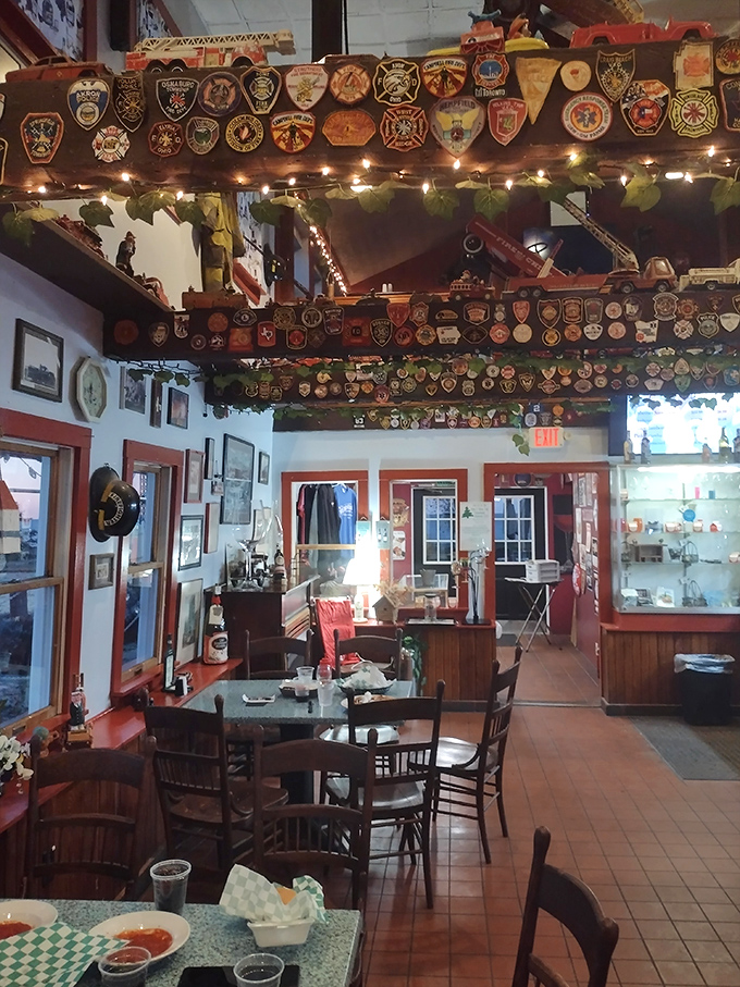 Inside, hundreds of firefighter patches create a tapestry of service and sacrifice, while twinkling lights add warmth to this wine lover's paradise.