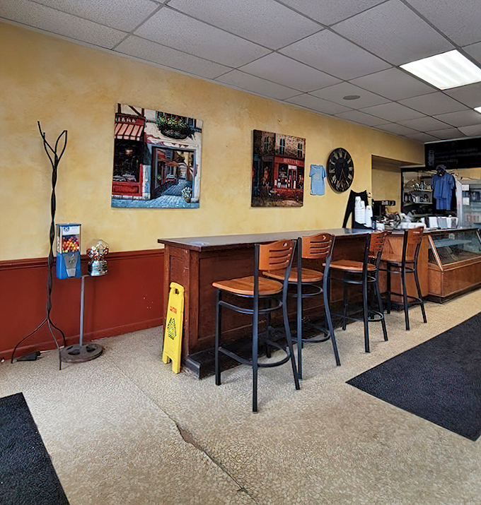 Interior: Warm yellow walls and simple wooden counters create the perfect backdrop for carbohydrate temptation at this cozy Michigan gem.