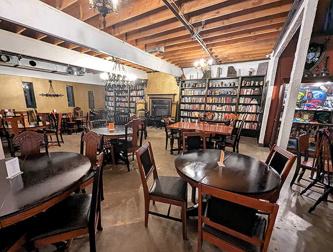 Bookshelves stretch toward wooden beams while tables invite lingering conversations&mdash;this isn't just a tasting room, it's a literary sanctuary with beer.