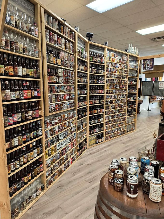 Wall-to-wall liquid history! Thousands of root beer bottles create a mesmerizing amber tapestry spanning decades of American soda culture.