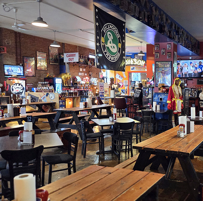 Inside, the walls tell stories through memorabilia while the Wilmington Brewery flag waves over tables where barbecue dreams come true.