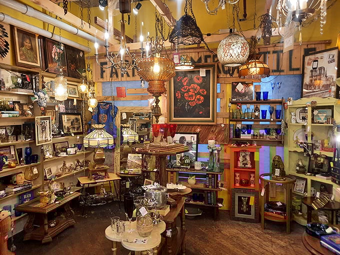 Step inside and prepare for sensory overload &ndash; every nook and cranny bursts with vintage treasures, from hanging lamps to framed artwork, all bathed in warm, inviting light.