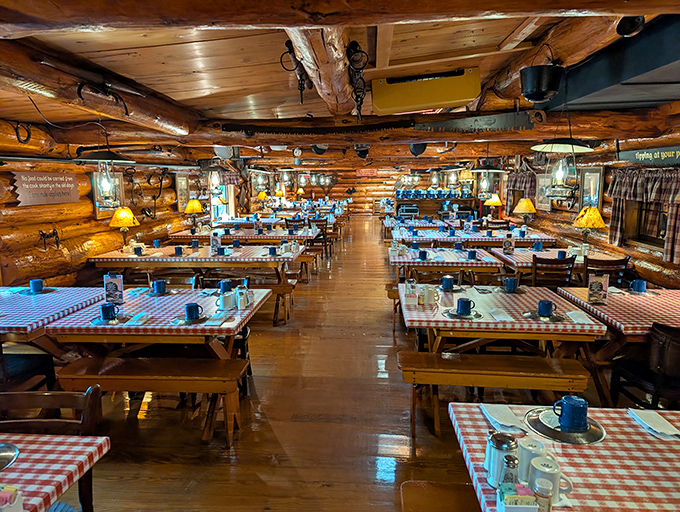 Rustic log walls and checkered tablecloths create the authentic logging camp atmosphere where breakfast dreams come true.