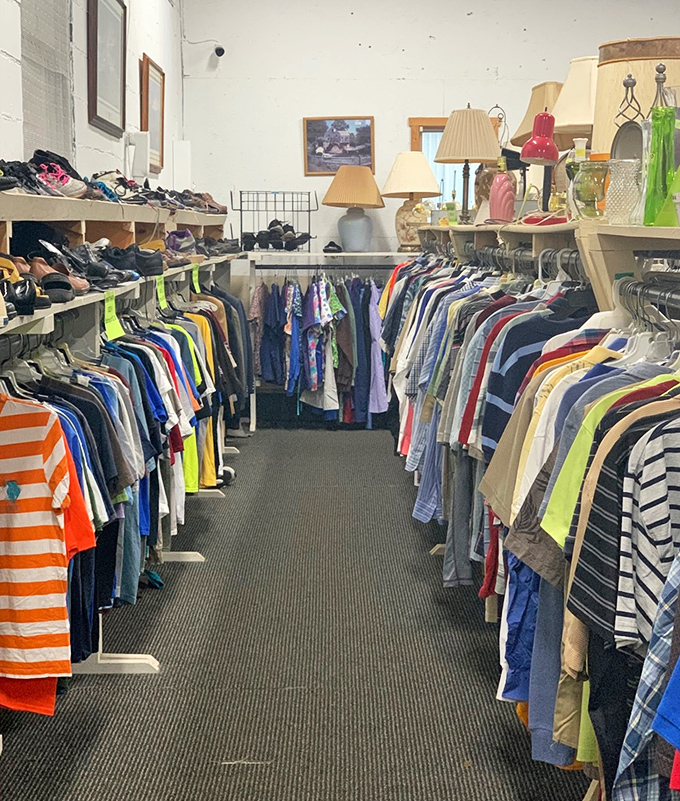 Navigate these clothing aisles like a fashion archaeologist, where each rack holds potential style fossils waiting to be discovered.