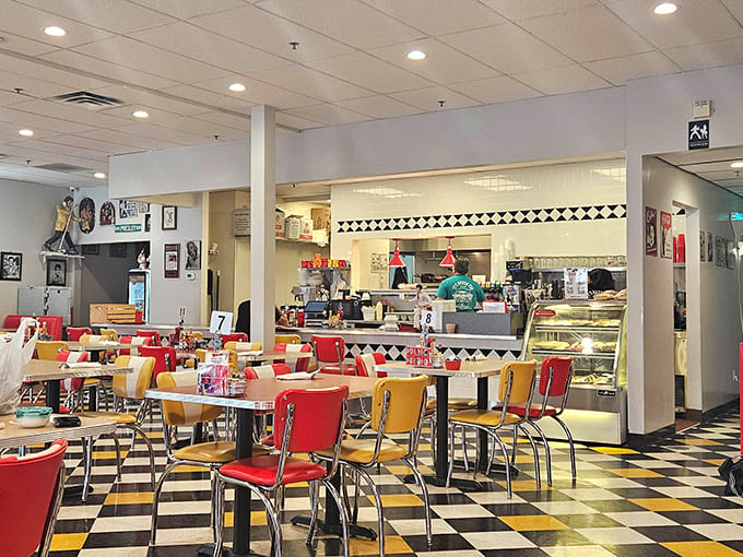 Classic diner aesthetics come alive with checkerboard floors and vibrant red and yellow seating &ndash; nostalgia you can actually sit on.