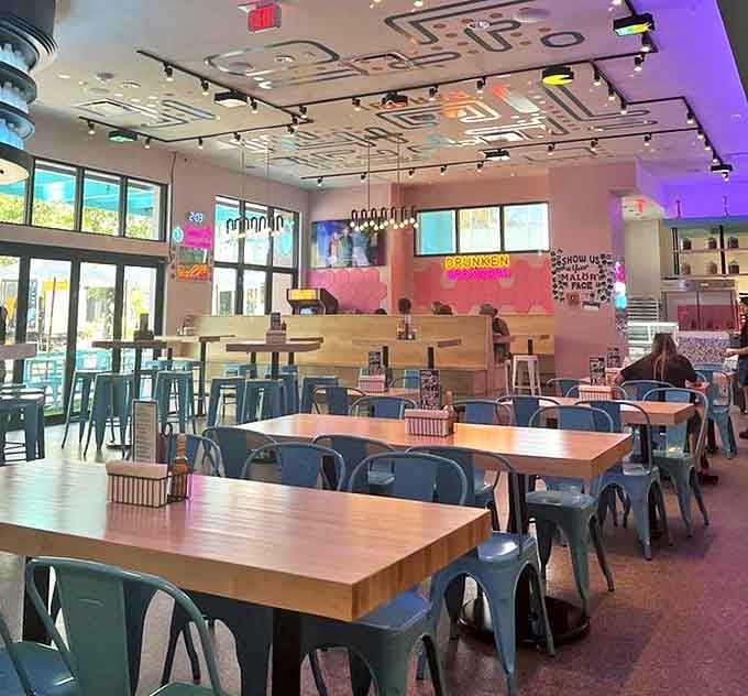 The interior blends retro diner charm with modern flair, creating a space where nostalgia meets Instagram-ready design.