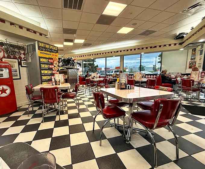 Checkerboard floors and red vinyl booths create a retro paradise where calories don't count and time stands still.